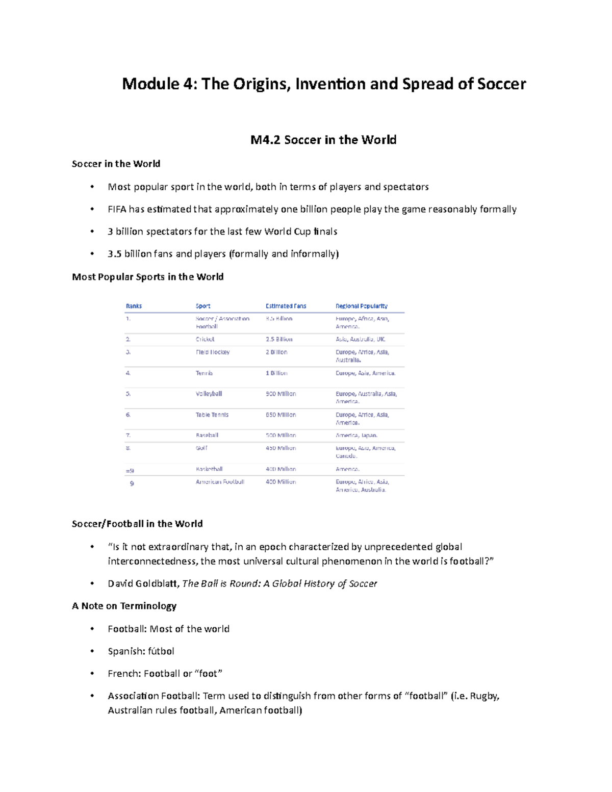 Module 4 Soccer Notes Origins of Soccer - Module 4: The Origins ...