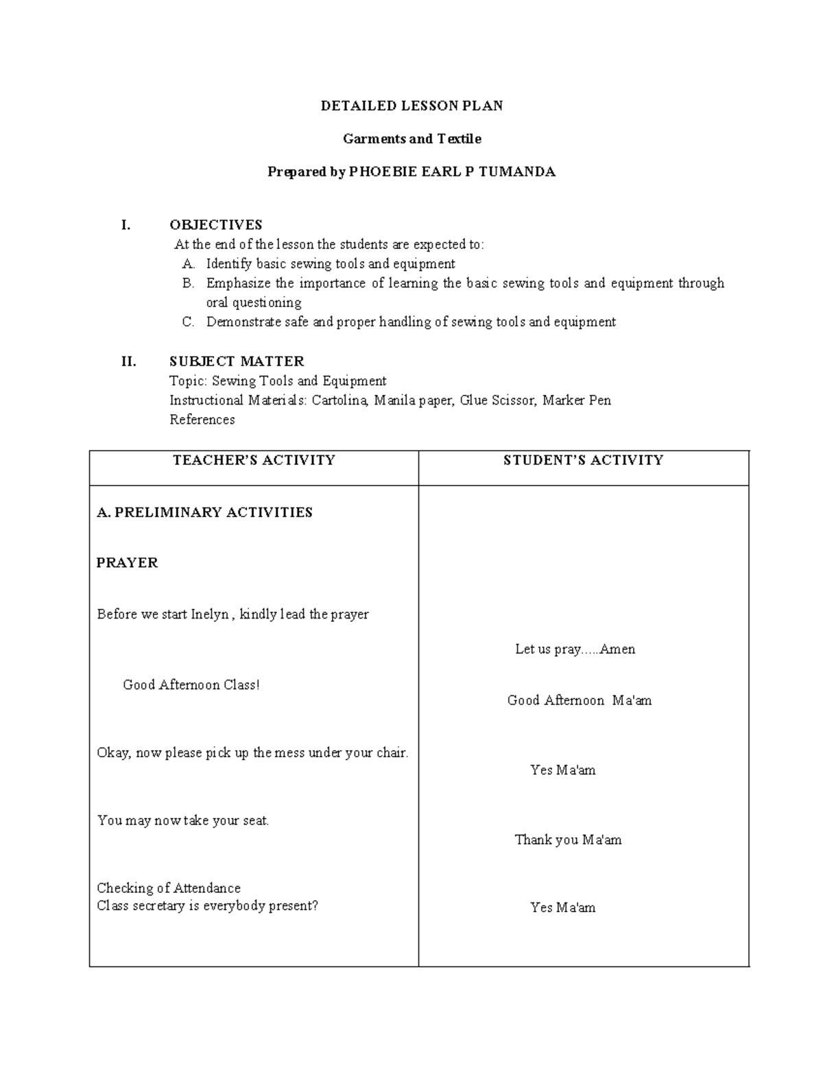 Tumanda lesson plan - bia una - DETAILED LESSON PLAN Garments and ...