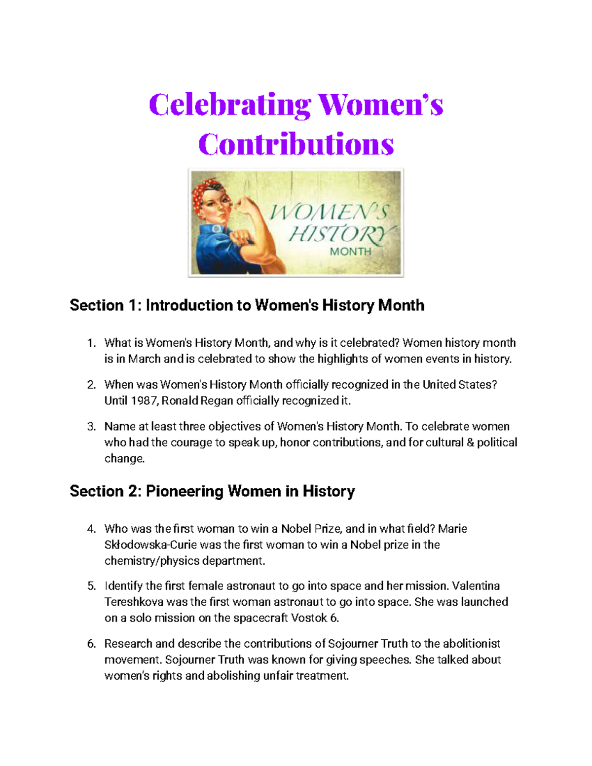 Web Quest Celebrating Women’s Contributions - Celebrating Women’s ...