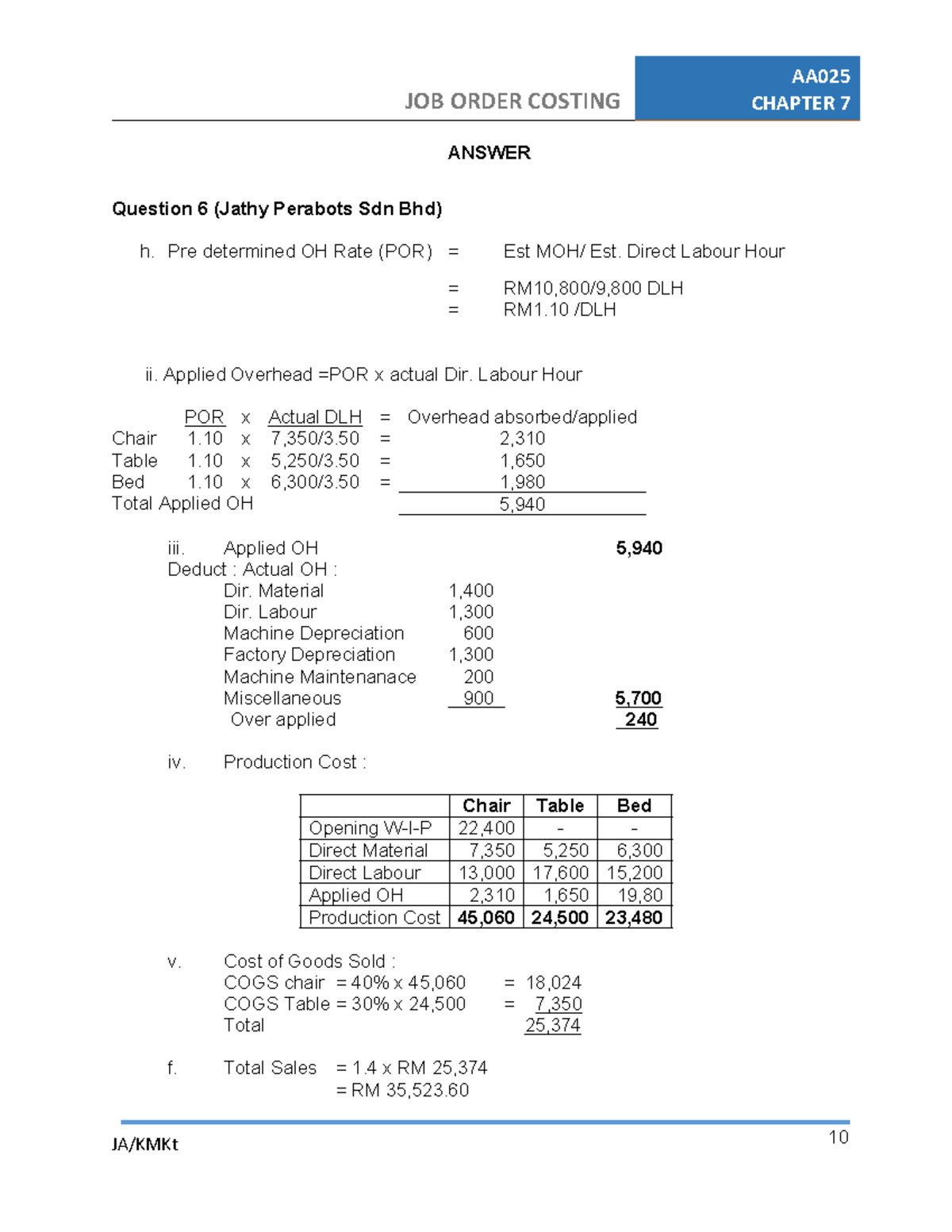 Answer Chapter 7 AA025 - Lecture notes 2 - JOB ORDER COSTING CHAPTER 7 ...