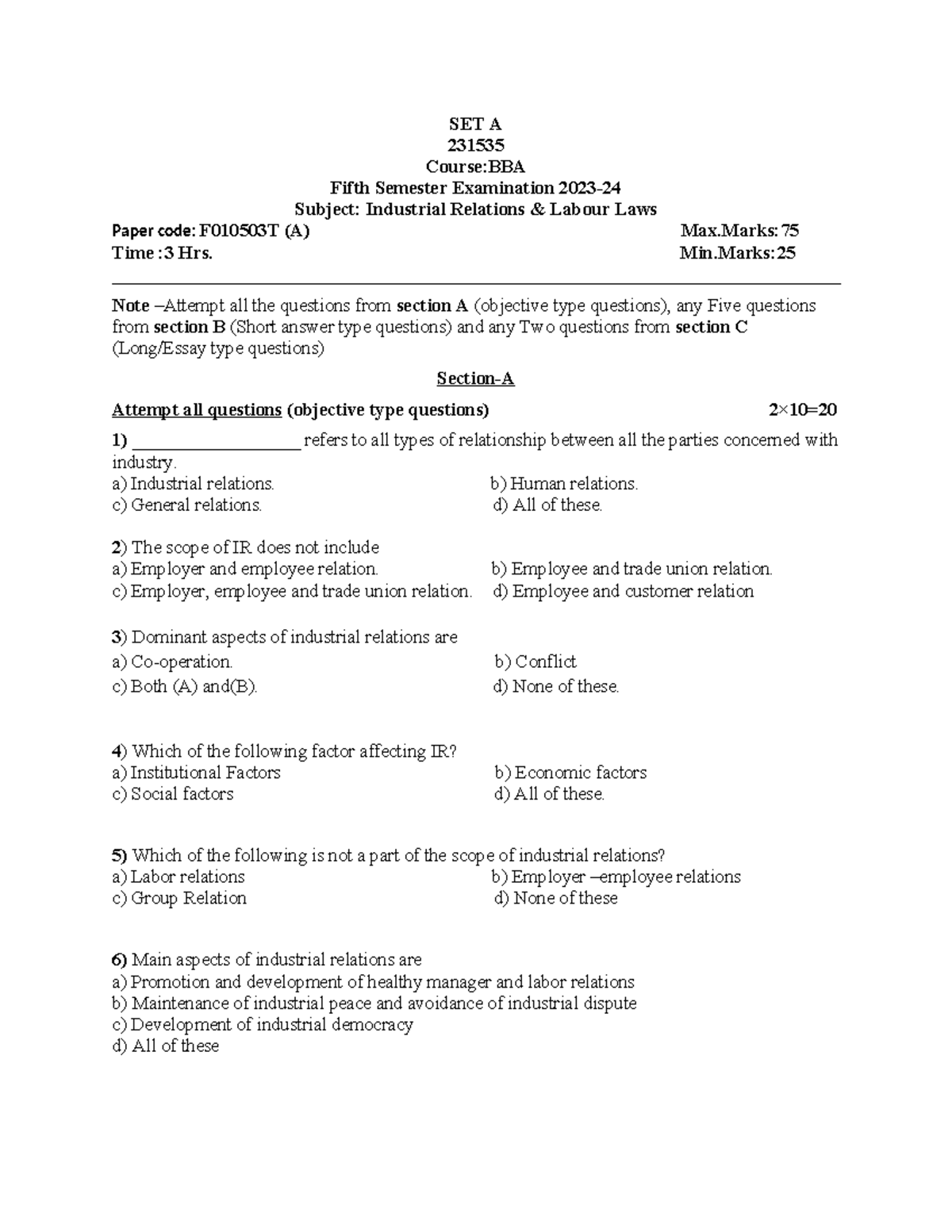 Ir ll bba 5 sem - SEMESTER PAPERS - SET A 231535 Course:BBA Fifth Semester Examination 2023 ...