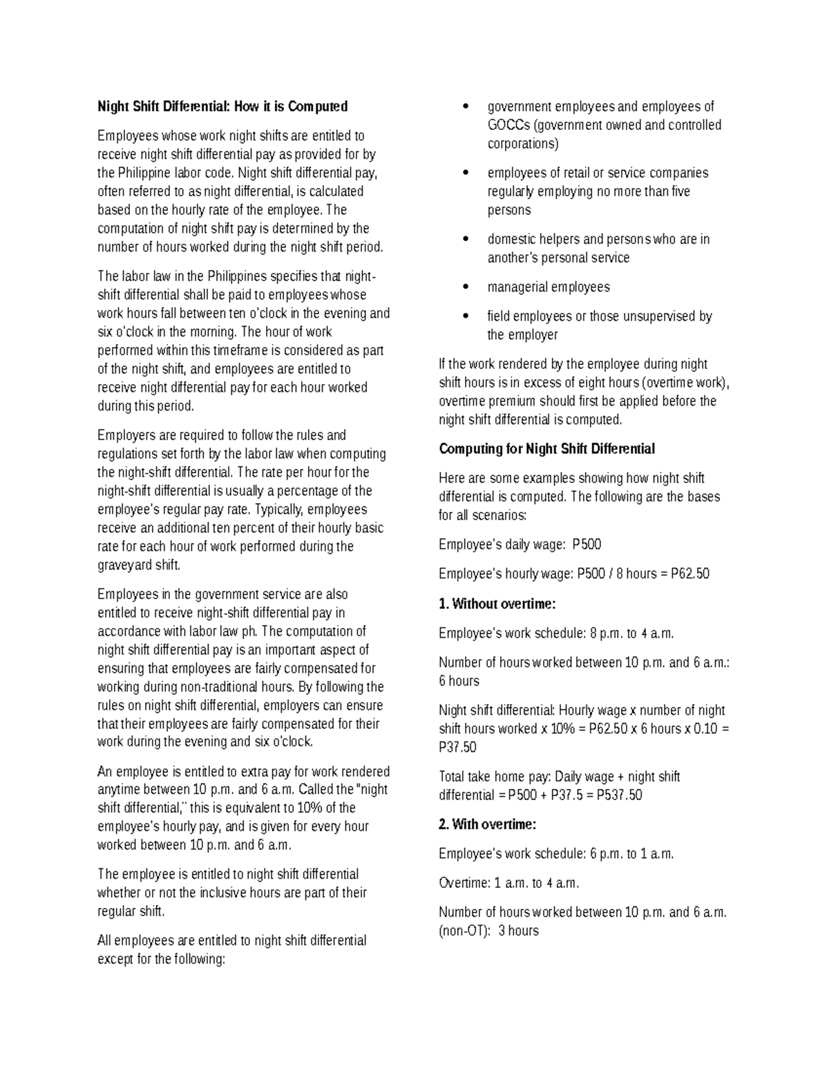 Night Shift Differential - Night shift differential pay, often referred ...