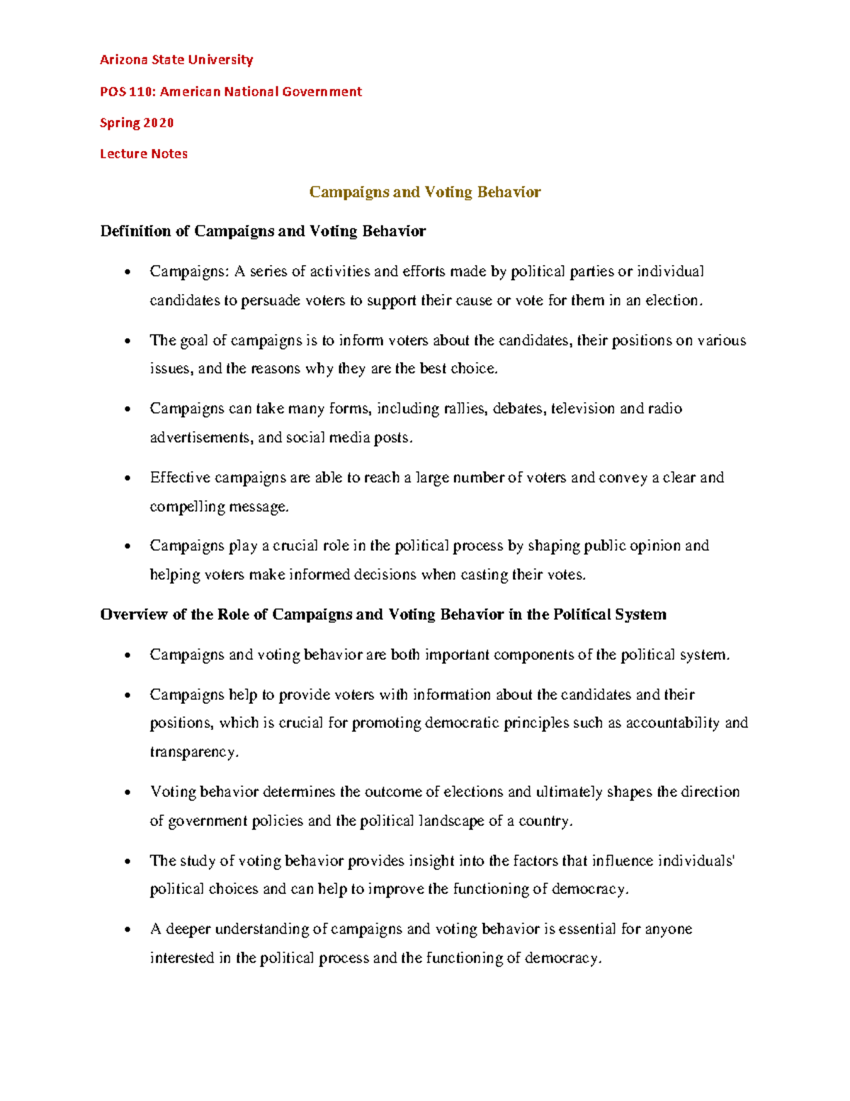 POS 110 Lecture Notes 11 Campaigns and Voting Behavior - POS 110 ...