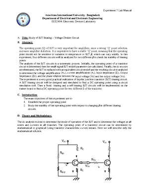 Study of BJT Biasing – Voltage Divider Circuit Lab Report - MD. KABIRUZZAMAN Submitted By Date ...
