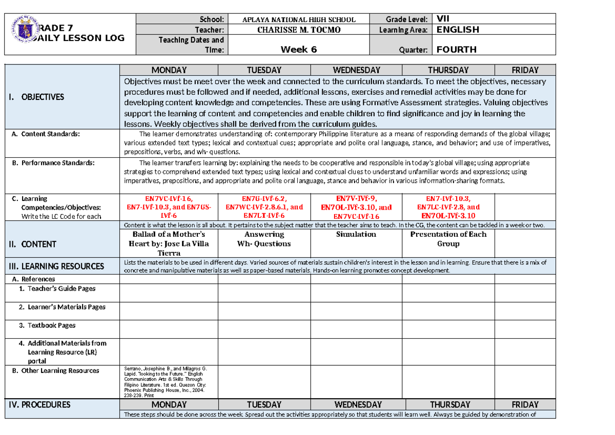 dllbhshbdbjjasdhb - GRADE 7 DAILY LESSON LOG School: APLAYA NATIONAL ...