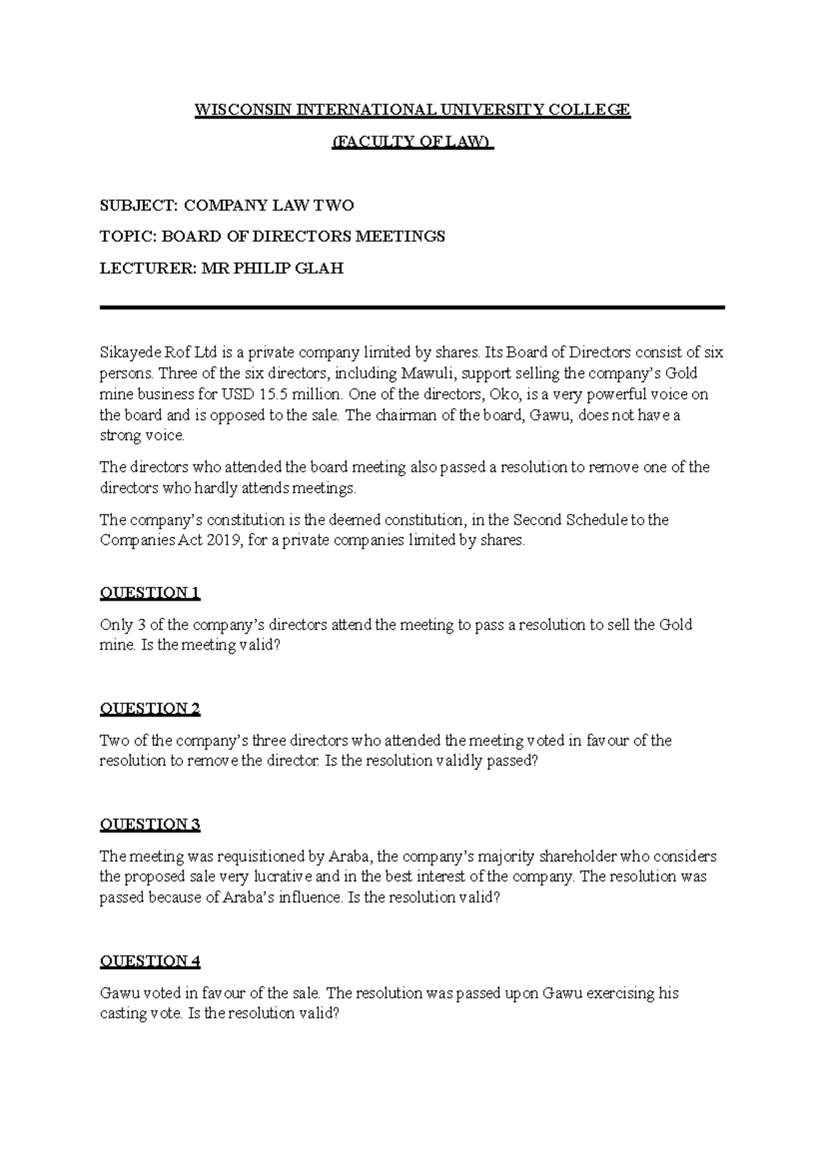 COMP LAW TWO, Board OF Directors Meetings ( Tutorial) - WISCONSIN ...