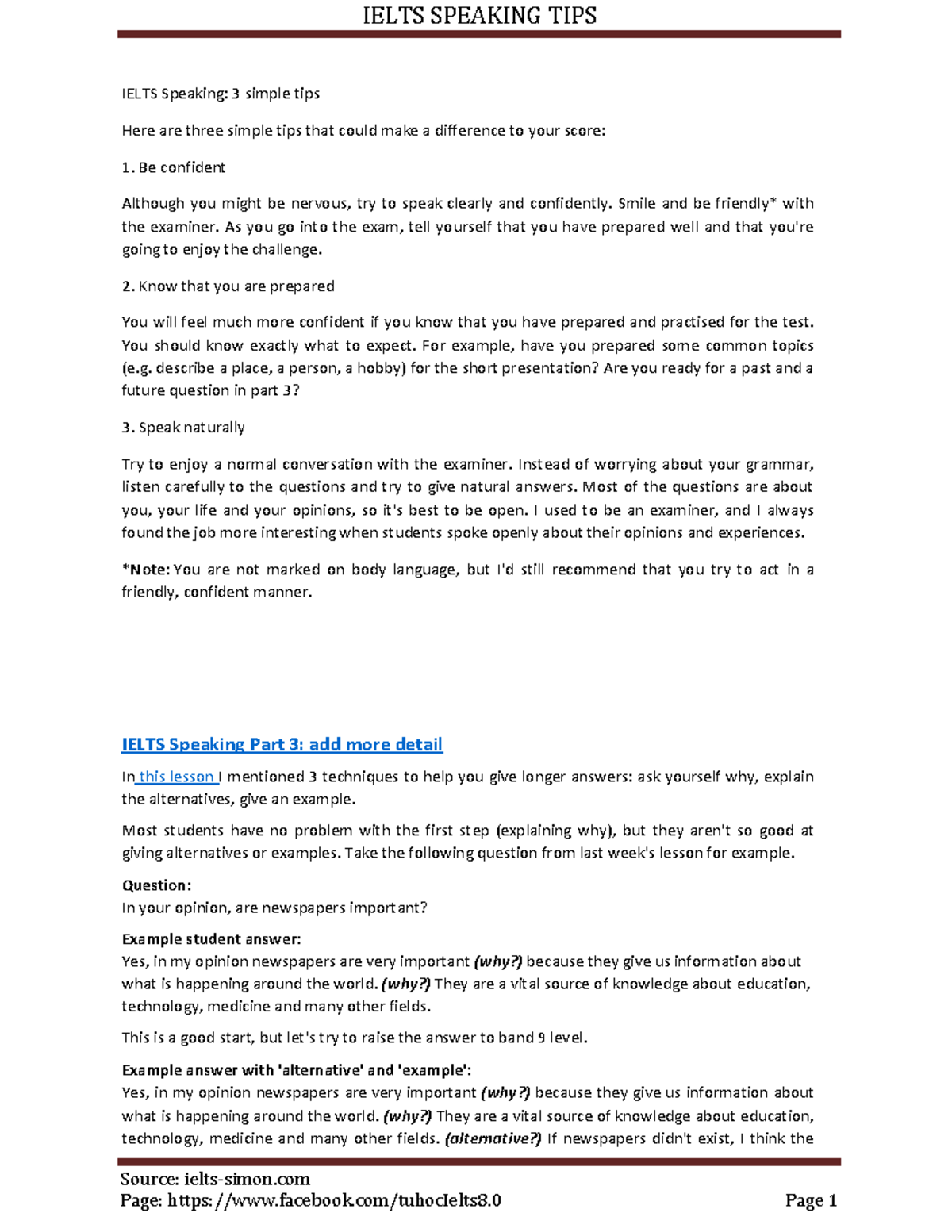 Tips for Speaking Simon - Source: ielts-simon IELTS Speaking: 3 simple tips Here are three ...