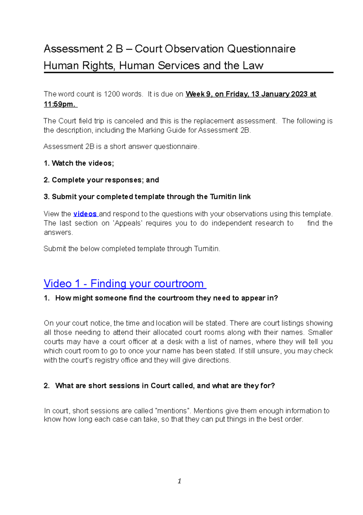 Court Report B - 90/100 - Assessment 2 B – Court Observation ...