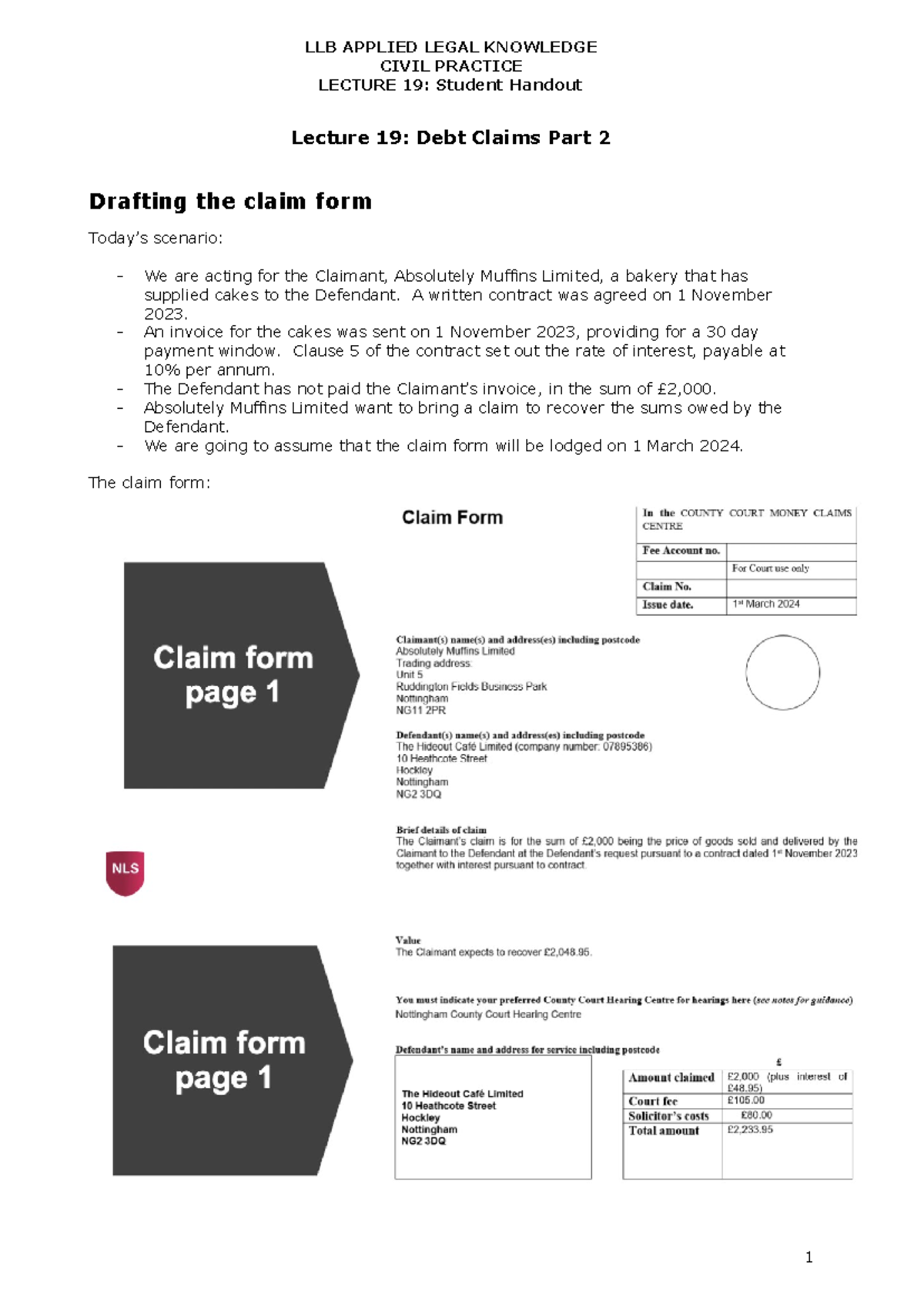 Lecture 20 - debt claims 2 - CIVIL PRACTICE LECTURE 19: Student Handout ...