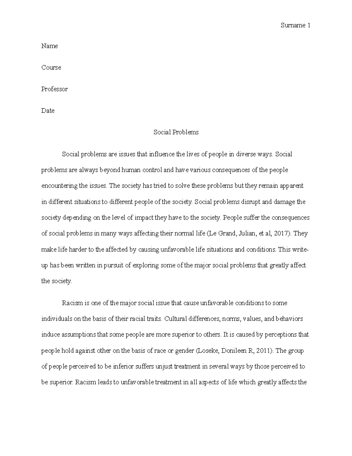 Social Problems - Name Course Professor Date Social Problems Social ...