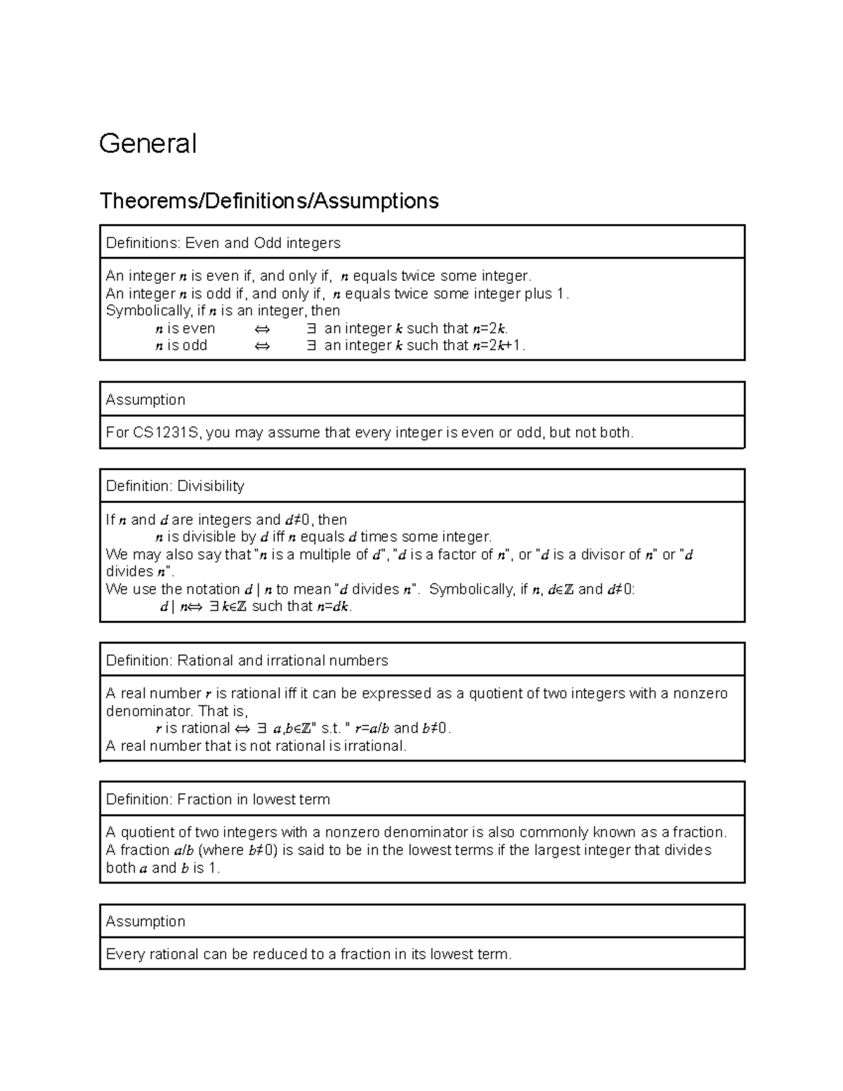 CS1231S Revision - Summary Discrete Structure - General Theorems ...