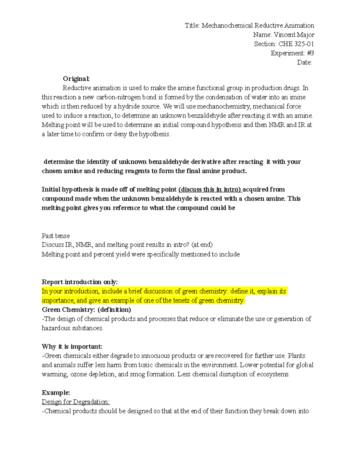 CHE lab 3 lab report (in progress) - Title: Mechanochemical Reductive ...