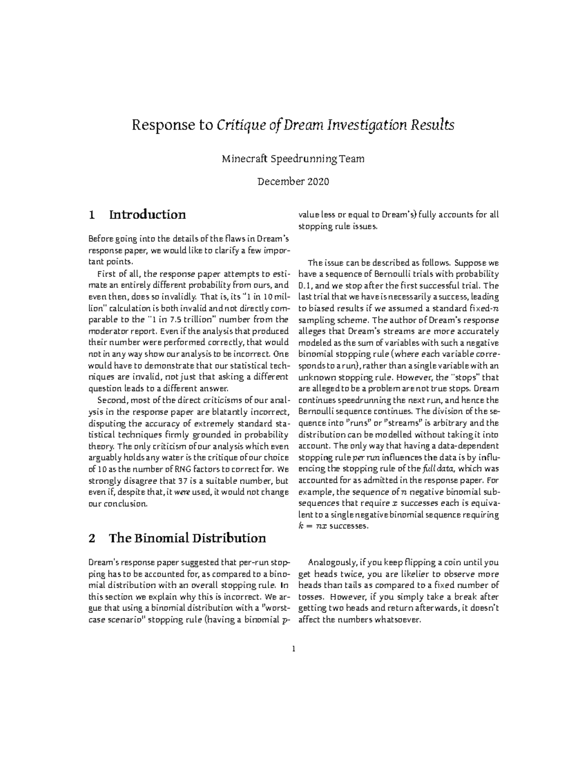 Dreams statistical probability at beating the Allegations - Response to ...