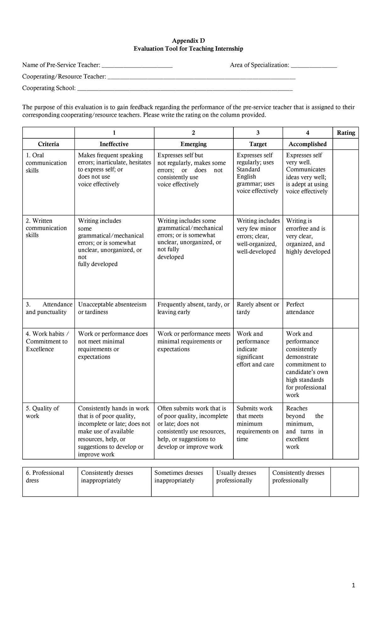Appendix-D-Observation - 1 Appendix D Evaluation Tool for Teaching ...