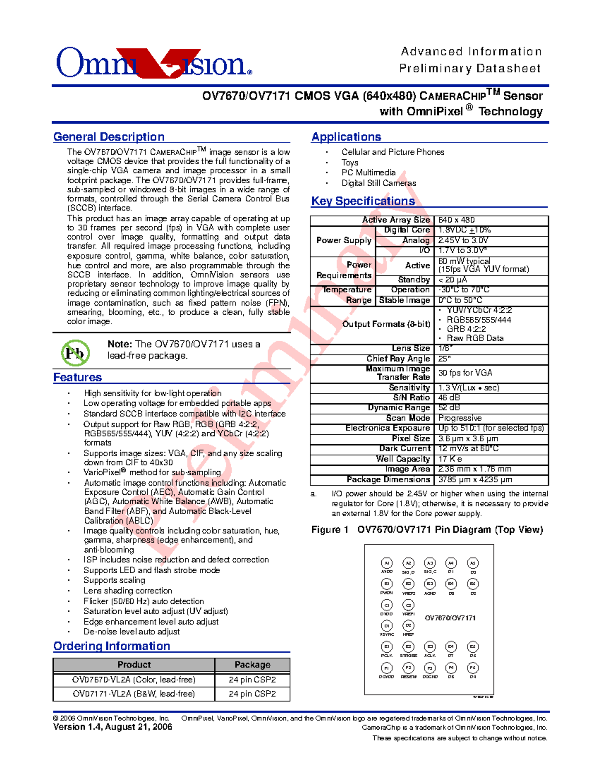 OV7670 2006 - Datasheet - © 2006 OmniVision Technologies, Inc. OmniPixel, VarioPixel, OmniVision ...