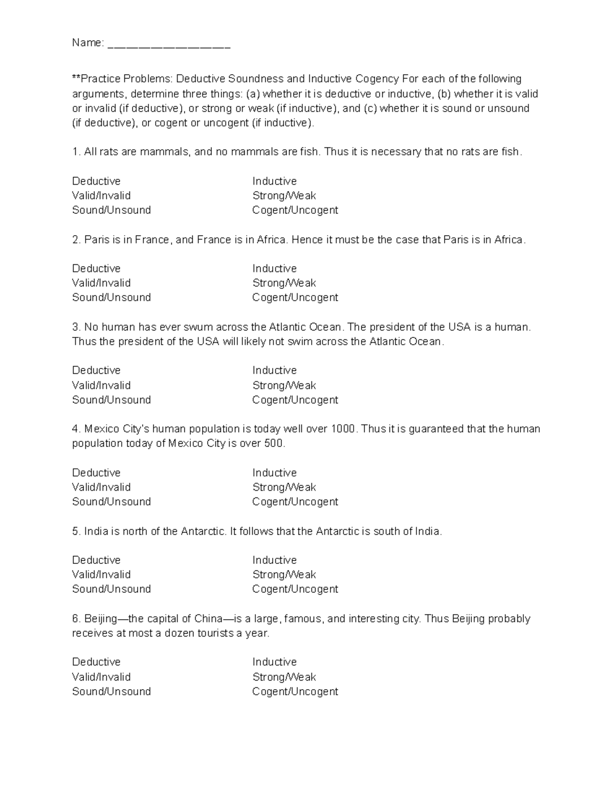 Practice With Deductive And Inductive Arguments Name Practice Problems