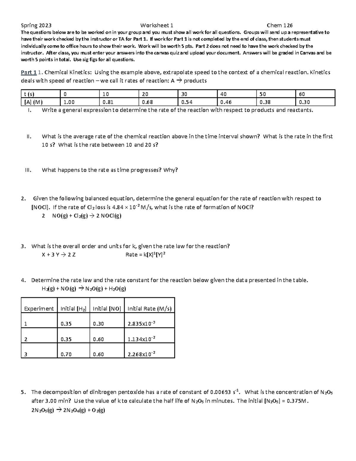 Chem 126 Worksheet 1 S23-1 - Spring 2023 Worksheet 1 Chem 126 The ...