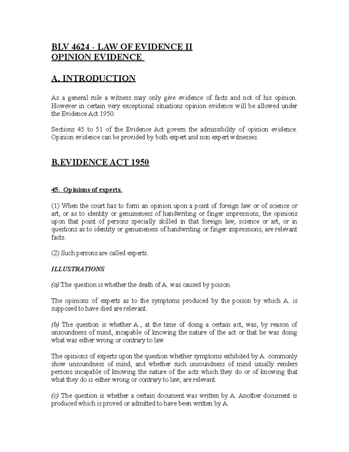 4. Opinion Evidence - BLV 4624 - LAW OF EVIDENCE II OPINION EVIDENCE A ...