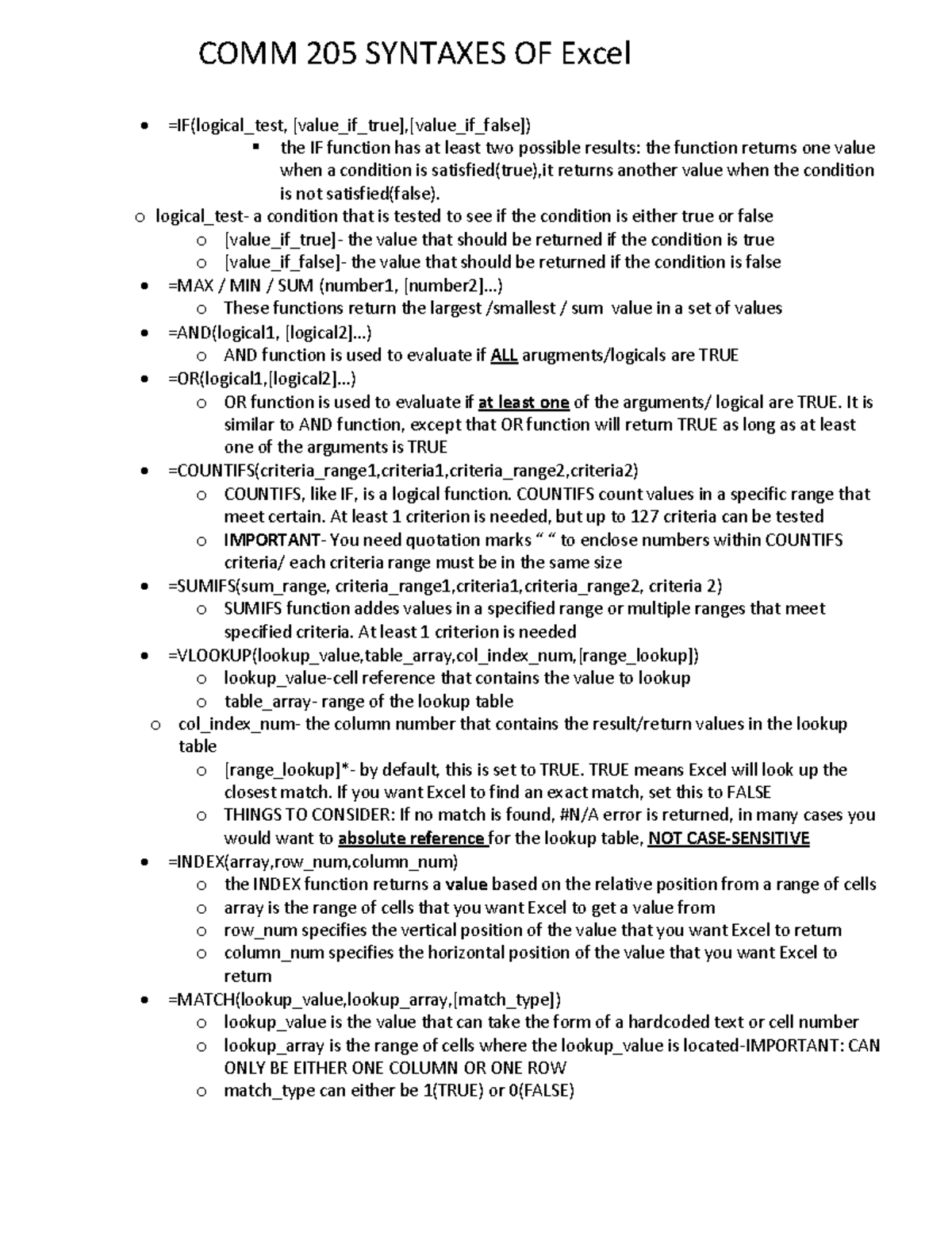 Exam Cheat Sheet - • =IF(logical_test, [value_if_true],[value_if_false ...