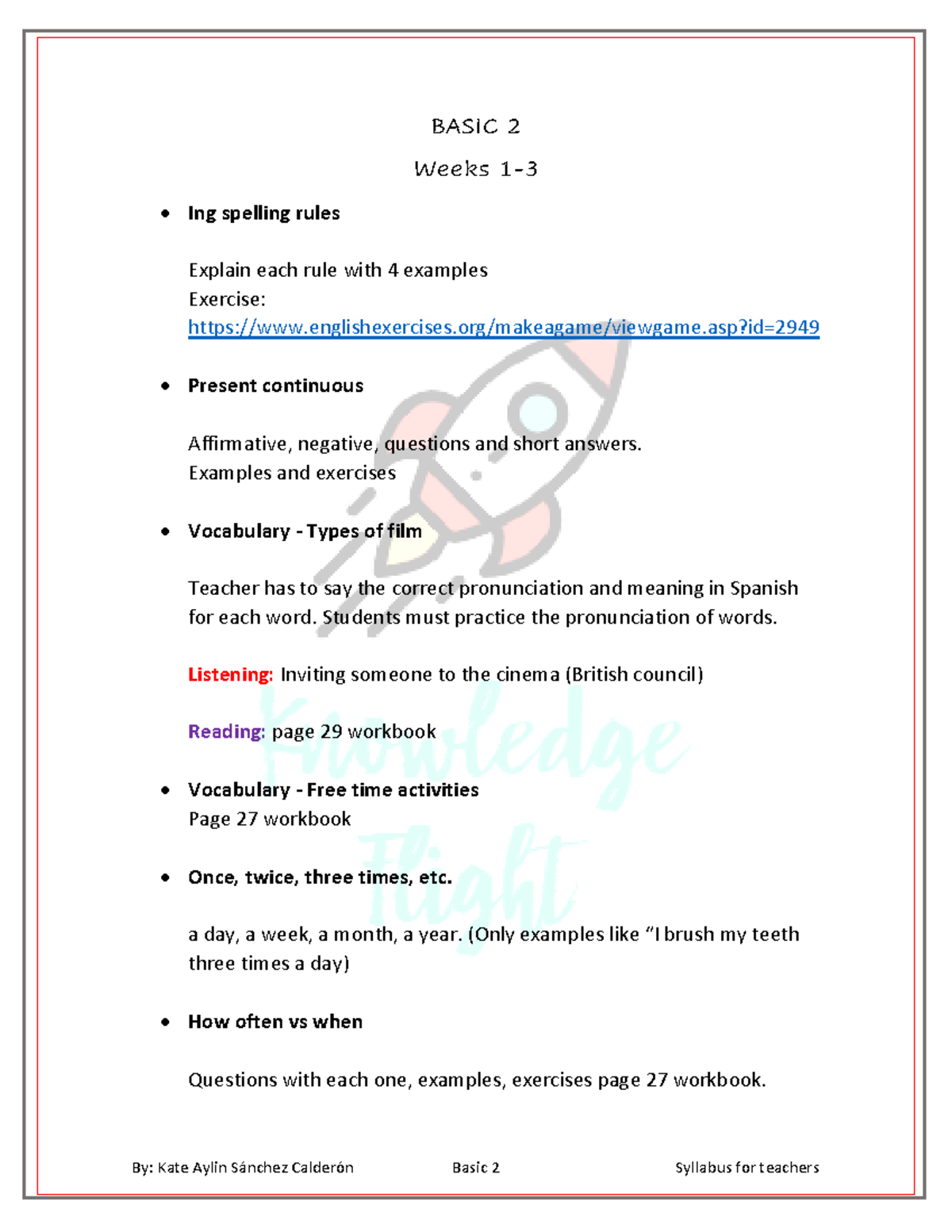 Basic 2 - temas ingles - BASIC 2 Weeks 1- Ing spelling rules Explain ...