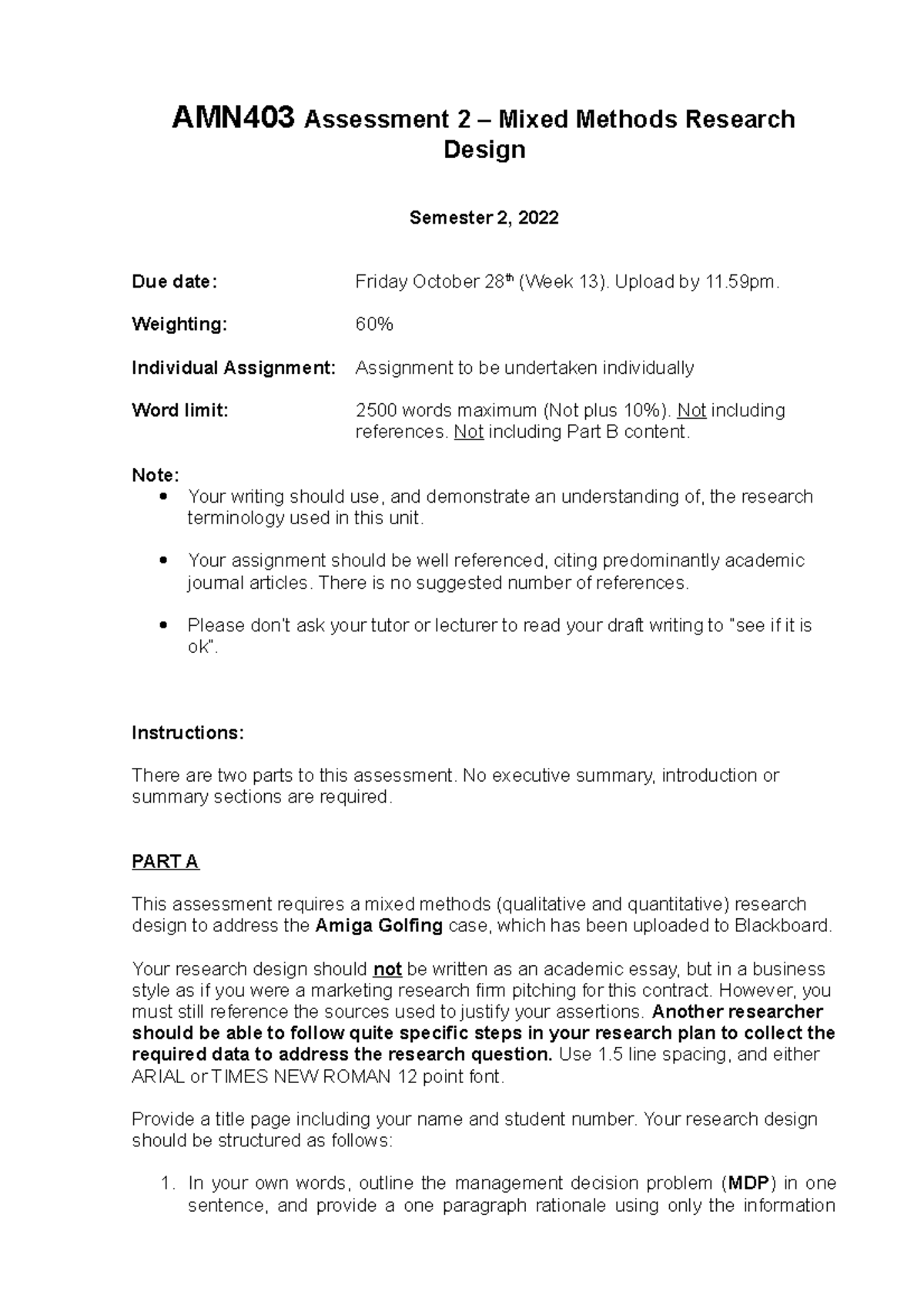 AMN403 - Assessment 2 Instructions- Semester 2, 2022 - AMN403 ...