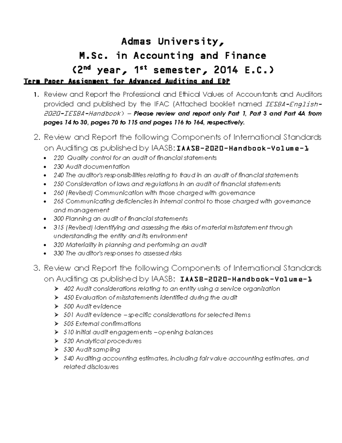 Term Paper Assignment for Advanced Auditing and EDP Admas - Admas ...