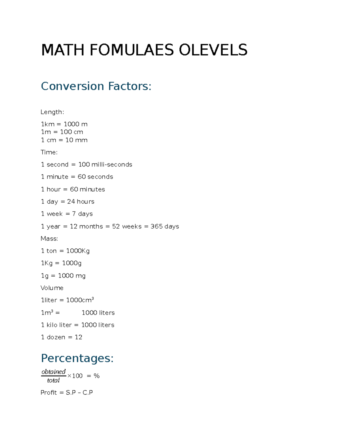 MATH Fomulaes Olevels - MATH FOMULAES OLEVELS Conversion Factors ...