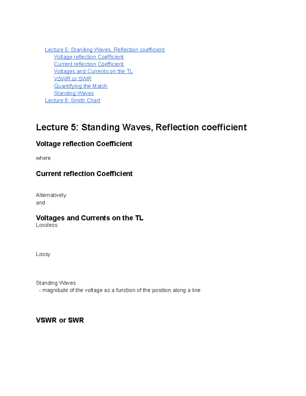 Week 3 Notes - Lecture 5: Standing Waves, Reflection coefficient ...