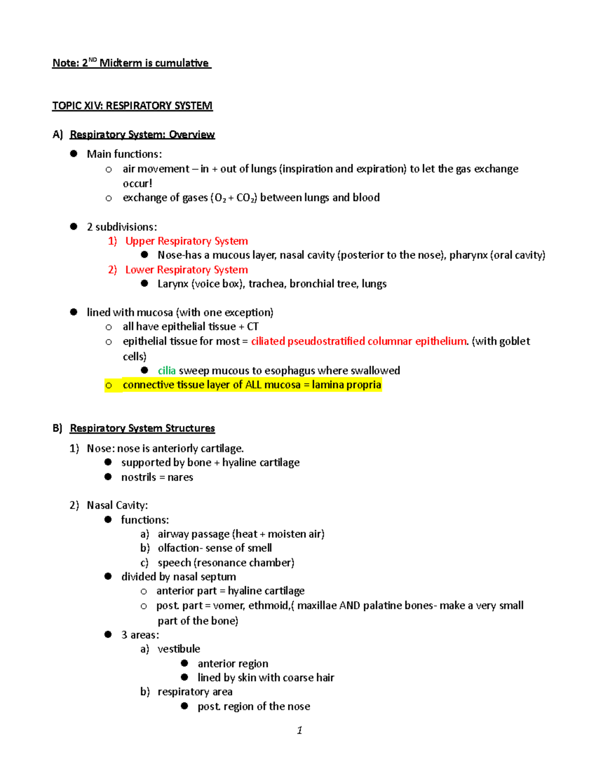 14 - Topic XIV - Respiratory System - Note: 2ND Midterm is cumulative ...