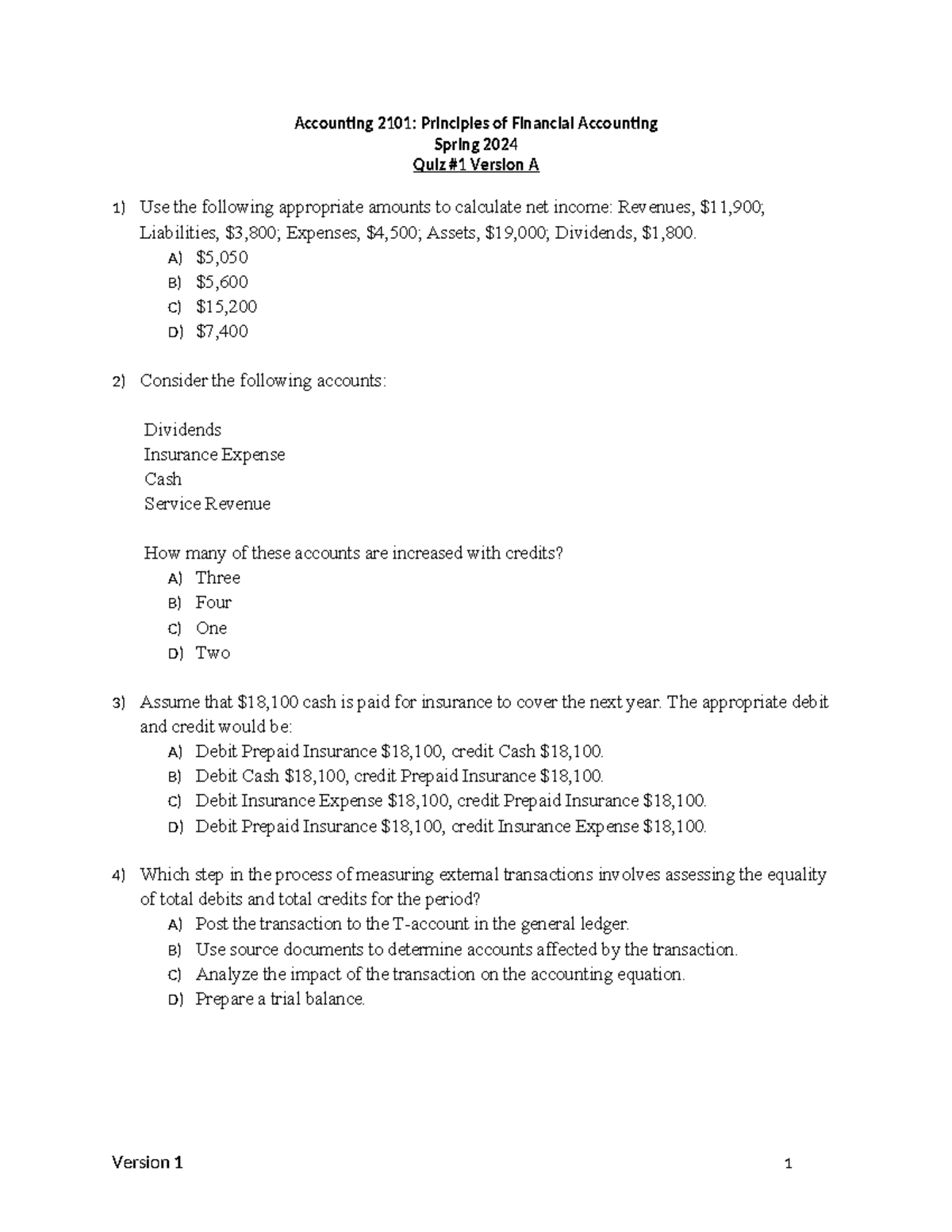 Spring 2024 Quiz 1 Acc 2101 version A - Accounting 2101: Principles of Financial Accounting ...