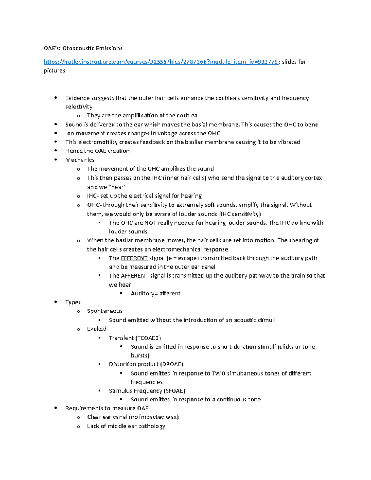OAE - OAE notes - OAE’s: Otoacoustic Emissions - Studocu