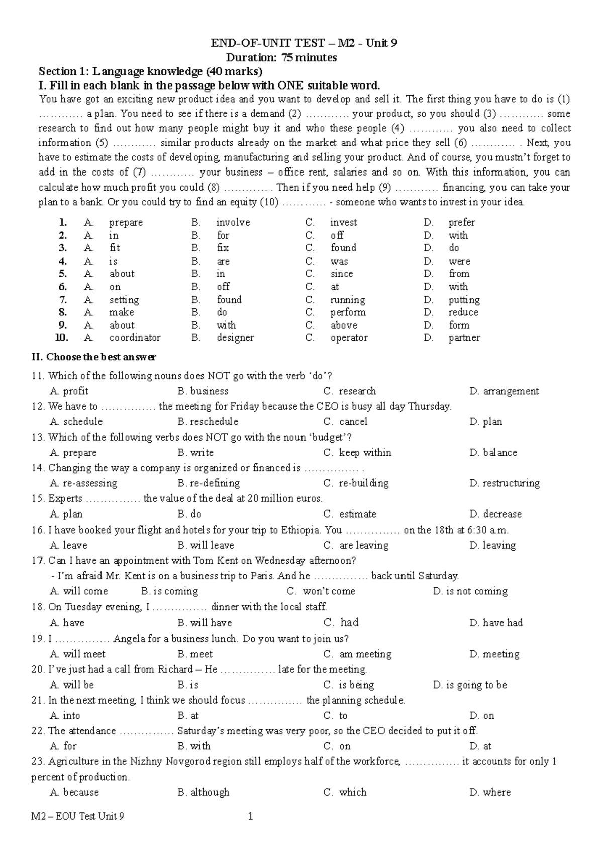 HP2.EOU TEST U9 Pre Inter - END-OF-UNIT TEST – M2 - Unit 9 Duration: 75 ...