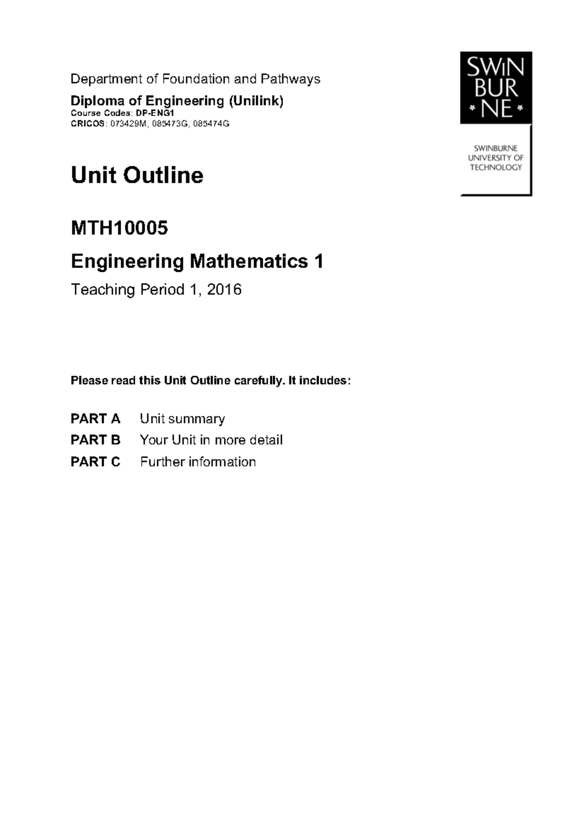 Engineering Maths 1 Unit Outline Tp1 2016 - Department of Foundation ...