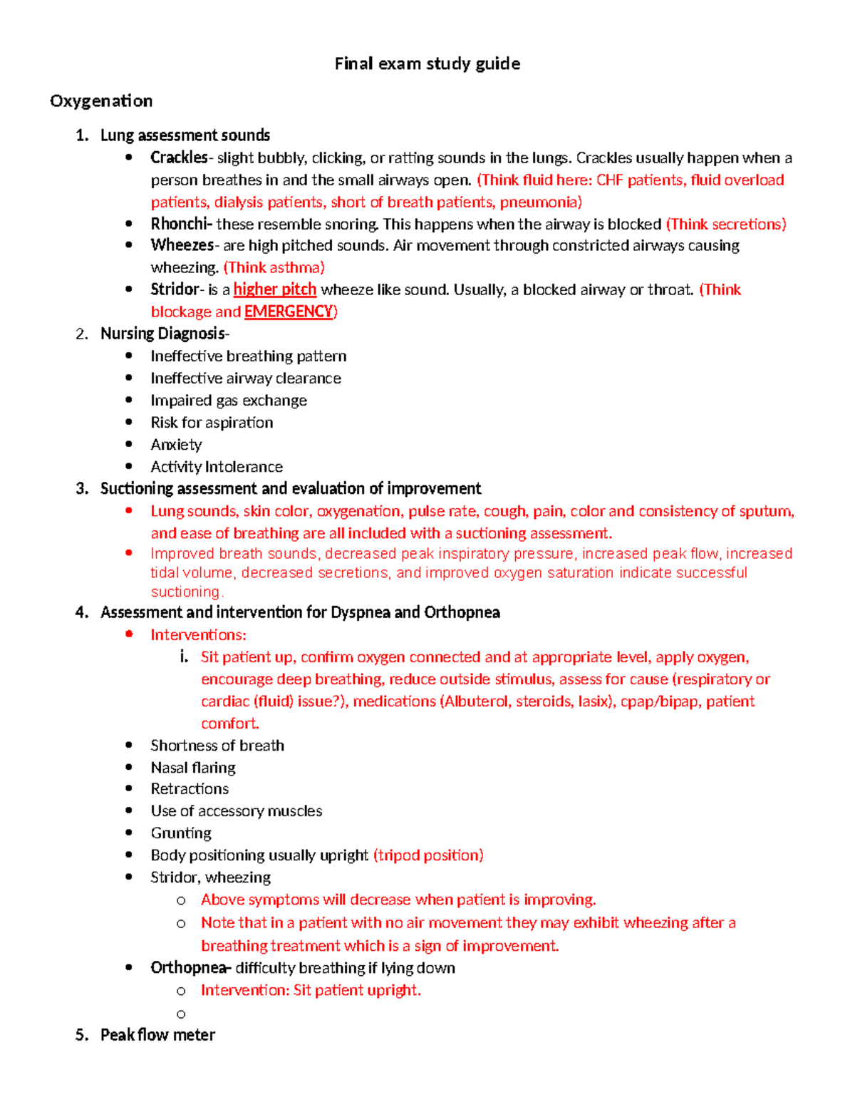 Final exam study guide - Final exam study guide Oxygenation 1. Lung ...