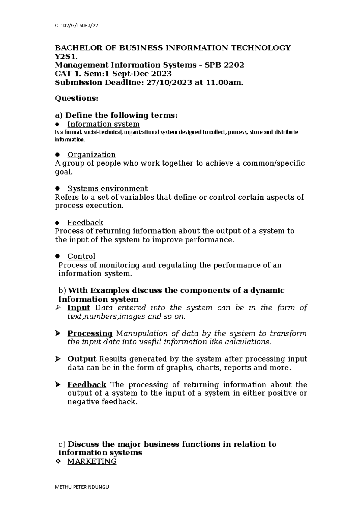 Bachelor OF Business Information Technology Y2S1 CAT1 M - CT102/G/16087 ...