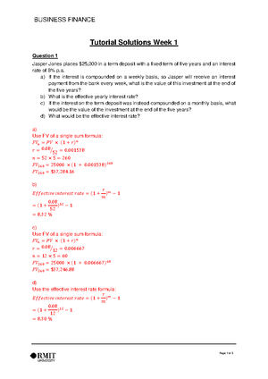 Solutions week 6 - BAFI1008 BUSINESS FINANCE Page 1 of 3 Tutorial ...