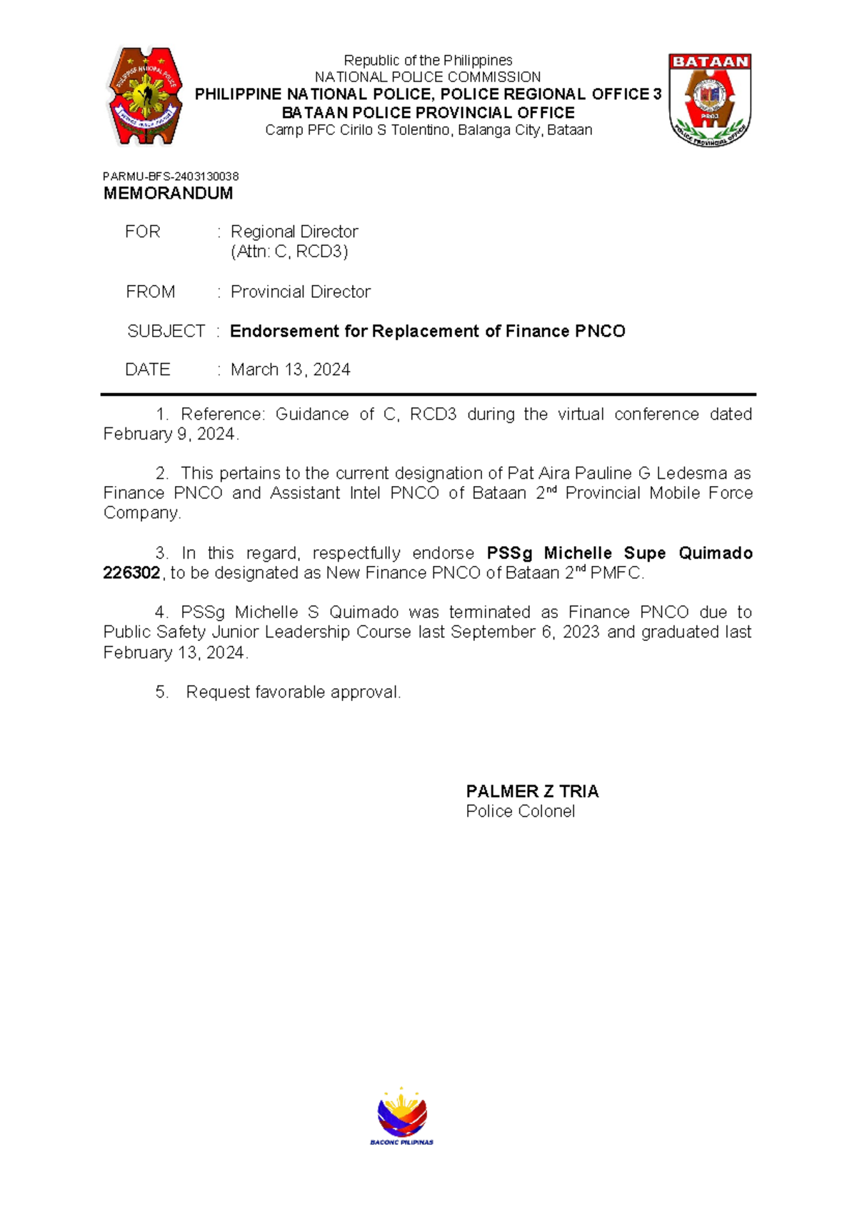 Endorsement for RD 2nd PMFC - Republic of the Philippines NATIONAL POLICE COMMISSION PHILIPPINE ...