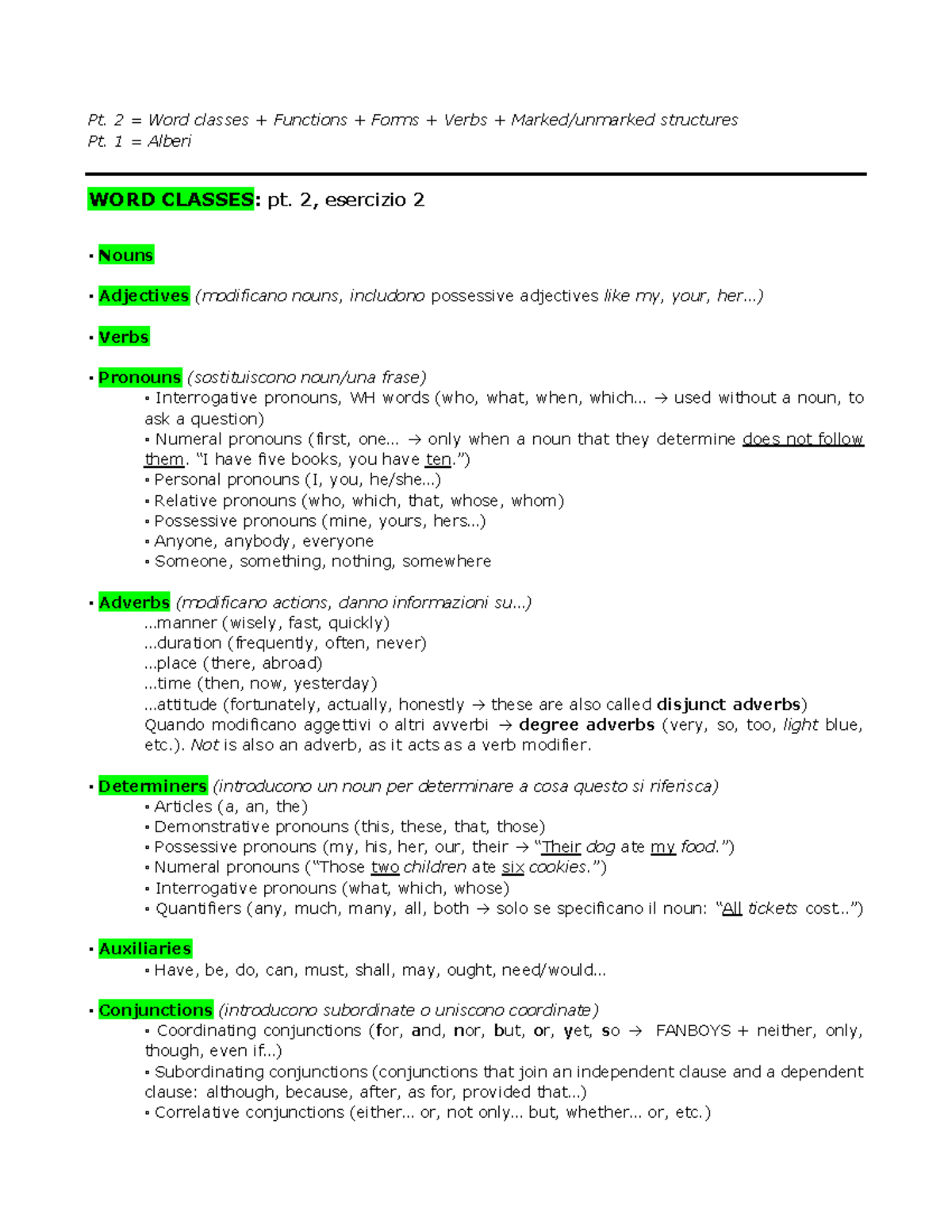 1) Schemi MT 1-5 - Pt. 2 = Word classes + Functions + Forms + Verbs ...