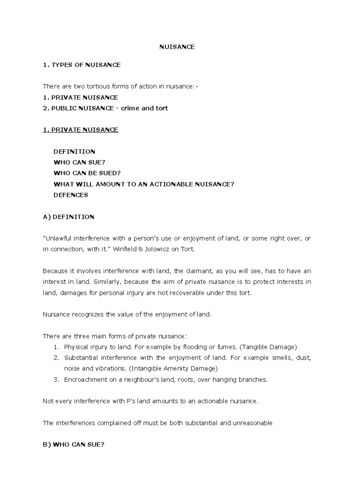 Nuisance and Rylands Lecture Overviews - NUISANCE 1. TYPES OF NUISANCE ...