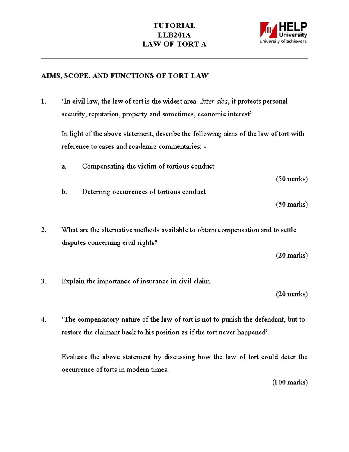 2. The Aims, Functions, Scope of Tort Law - TUTORIAL LLB201A LAW OF ...