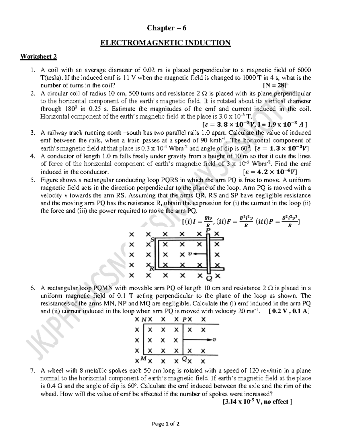 Ch 6 EMI Worksheet 2 - Page 1 of 2 Chapter – 6 ELECTROMAGNETIC INDUCTION Worksheet 2 A coil with ...