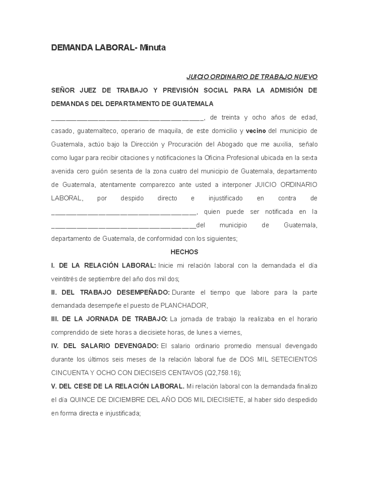 Demanda Laboral - DEMANDA LABORAL- Minuta JUICIO ORDINARIO DE TRABAJO ...