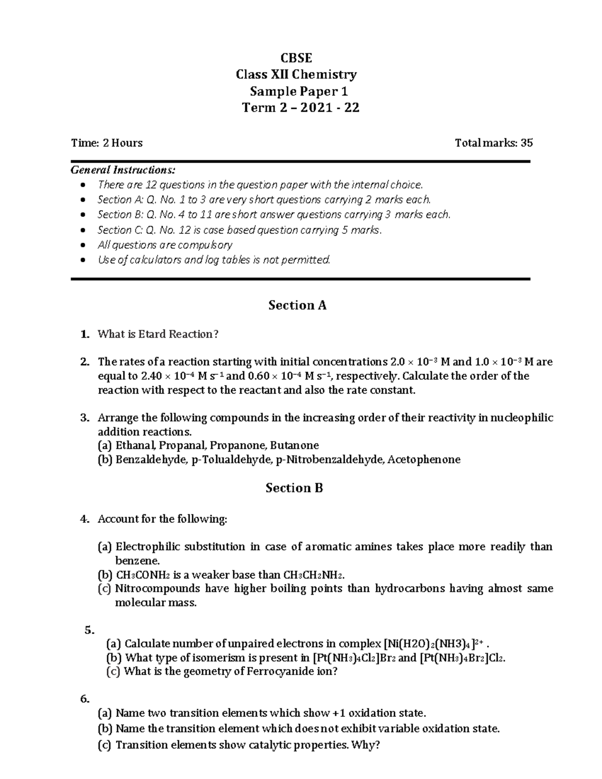 Chemistry (Term-2) 2022 Set - 1 - CBSE Class XII Chemistry Time: 2 ...