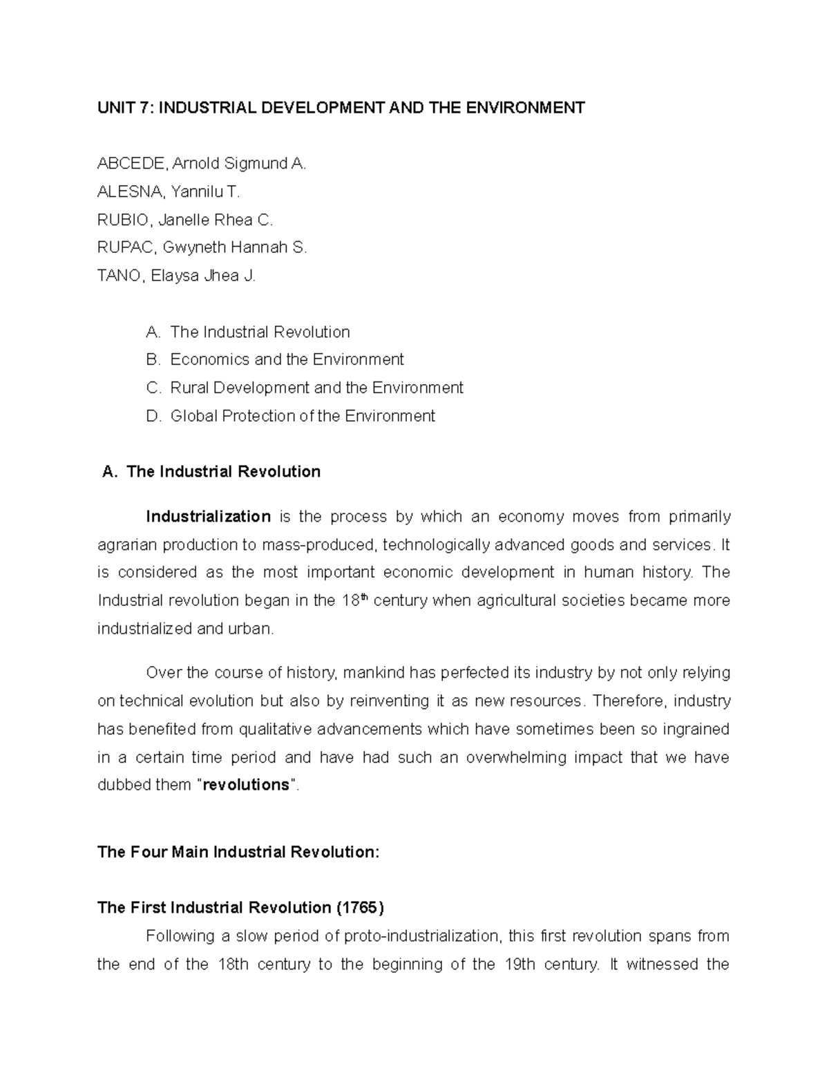 Written report - UNIT 7: INDUSTRIAL DEVELOPMENT AND THE ENVIRONMENT ...