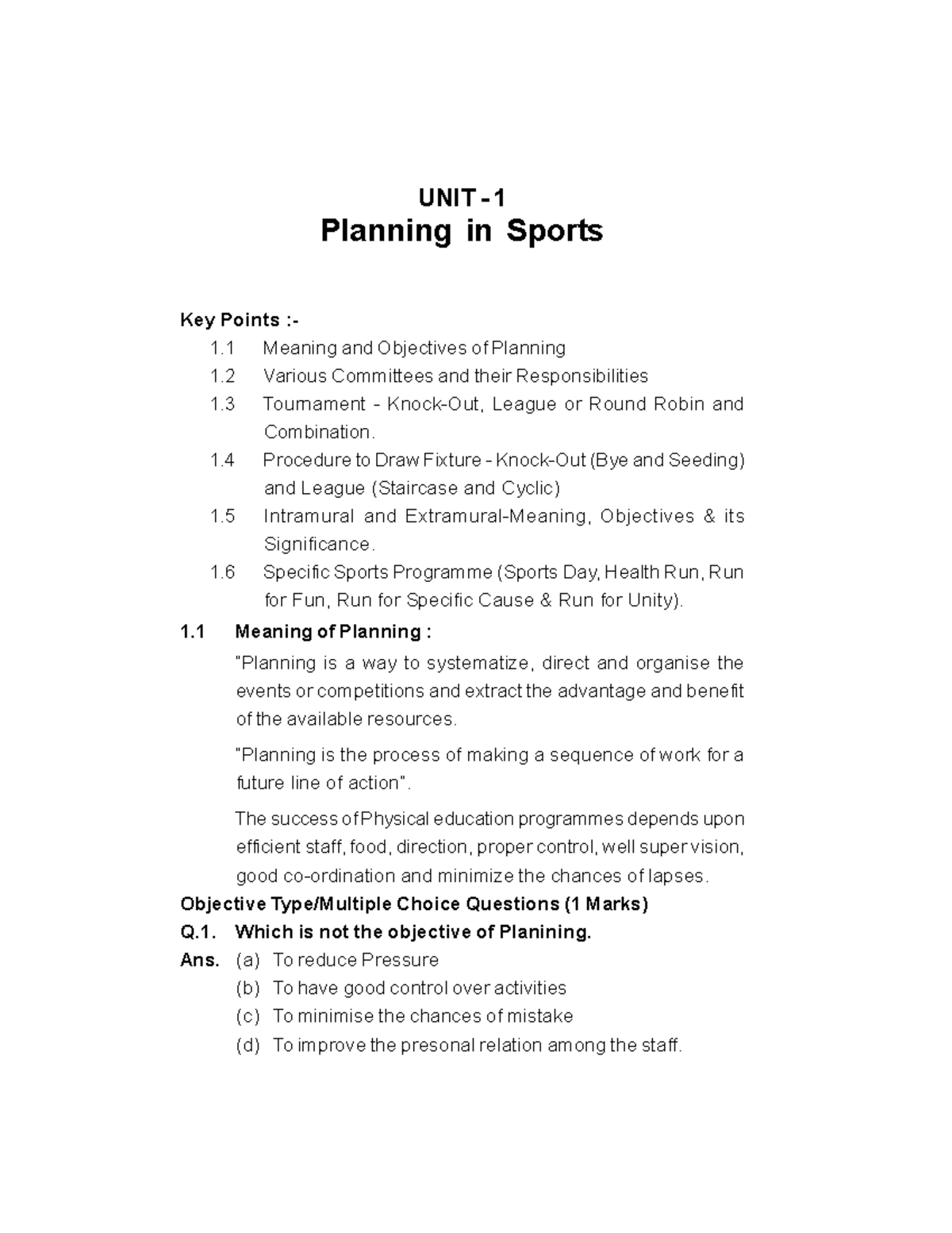 Physical-Education - Pratice notes - UNIT - 1 Planning in Sports Key ...