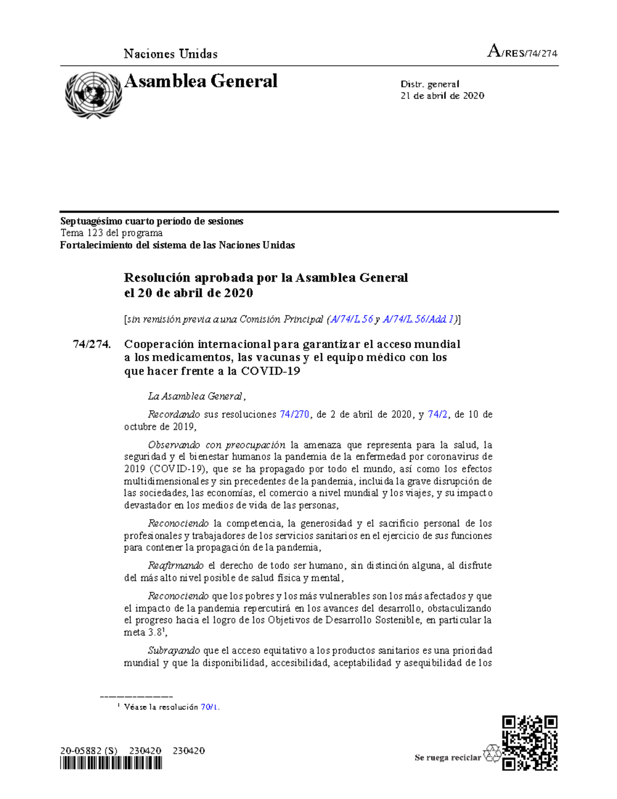 2023 Practica 1 AGNU Resolució 74 274 - Naciones Unidas A/RES/74 ...