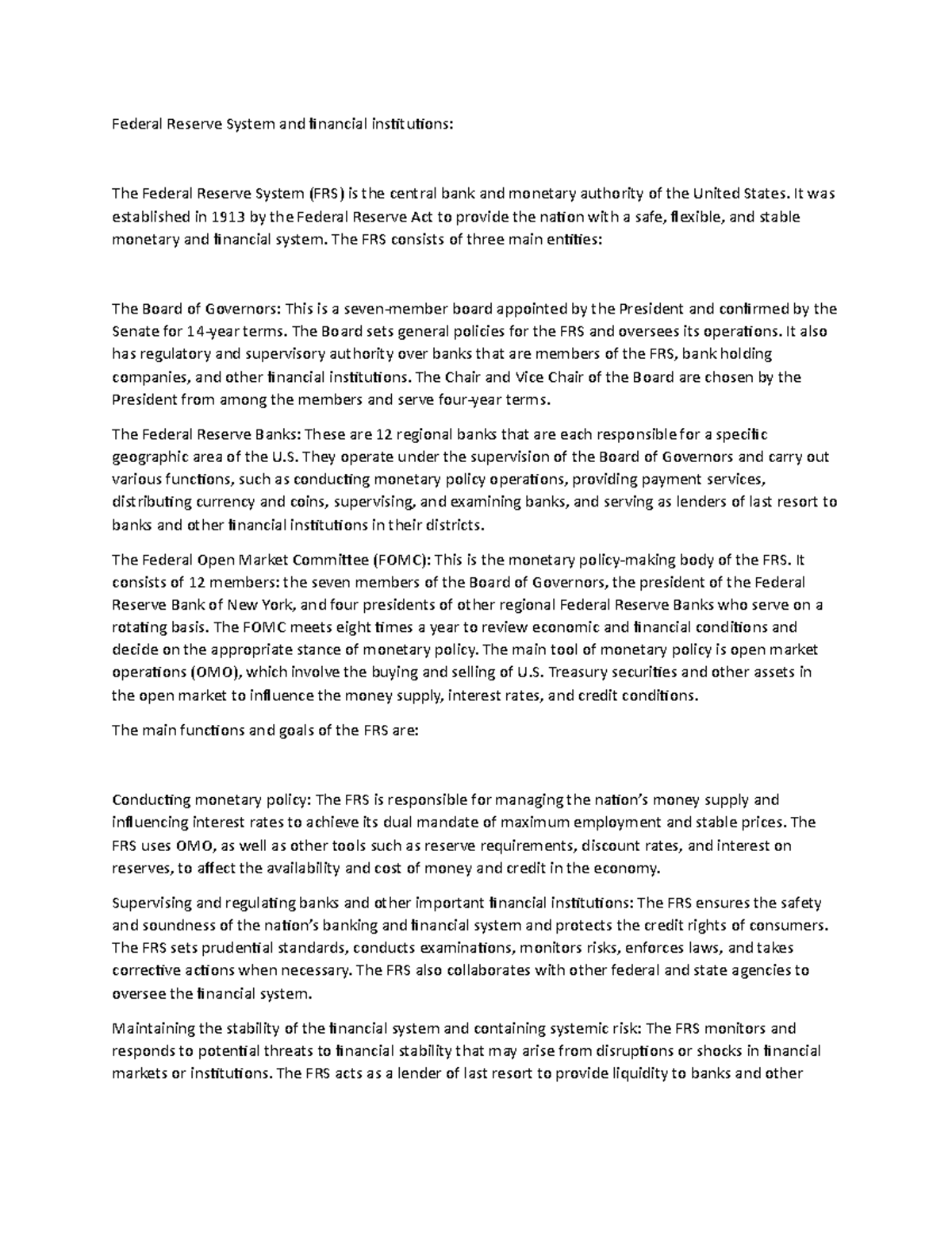 Federal Reserve System and financial institutions - It was established ...