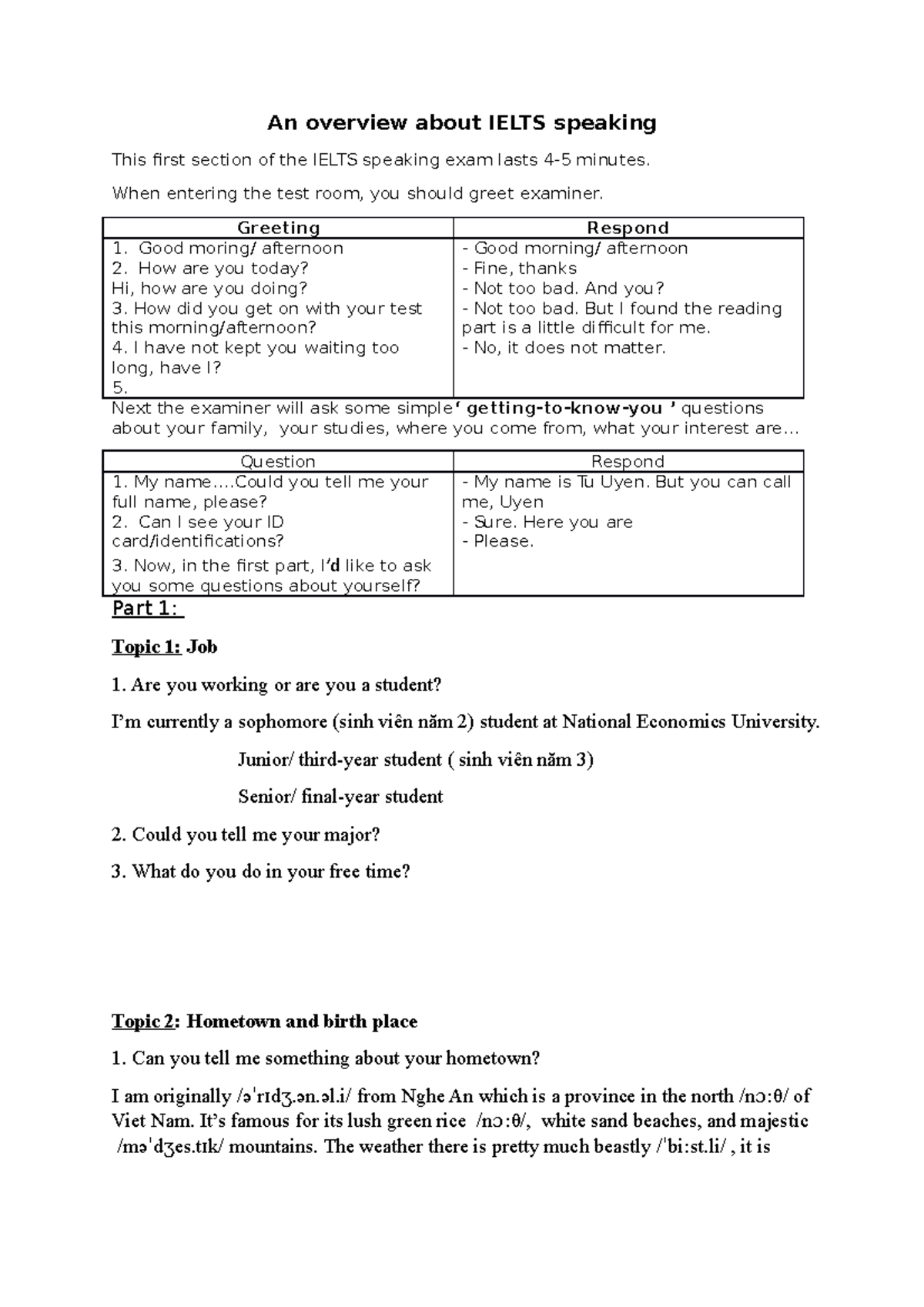 An overview about Ielts speaking - An overview about IELTS speaking This first section of the ...