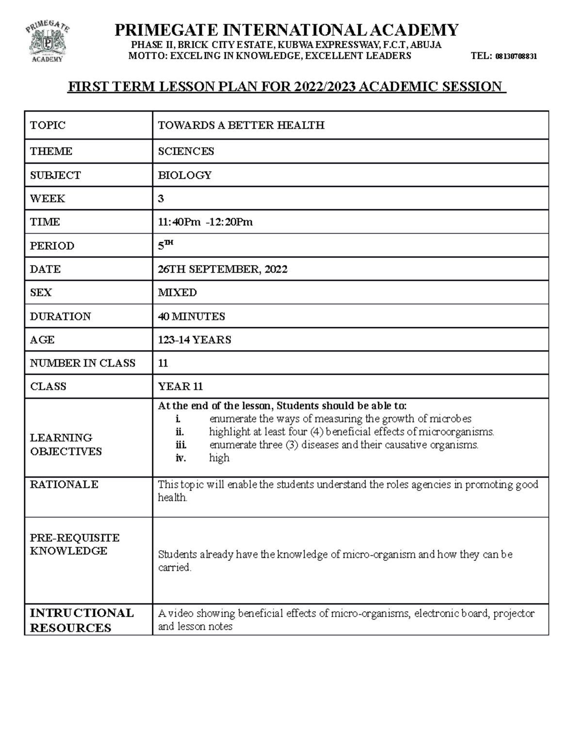 Year11 week 3 BIO - yes - PRIMEGATE INTERNATIONAL ACADEMY PHASE II ...
