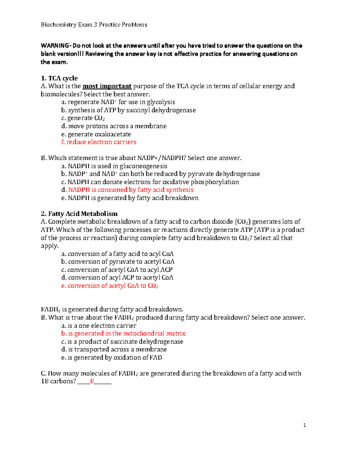 Exam 3 backtest - Biochemistry Exam 3 Practice Problems WARNING- Do not ...